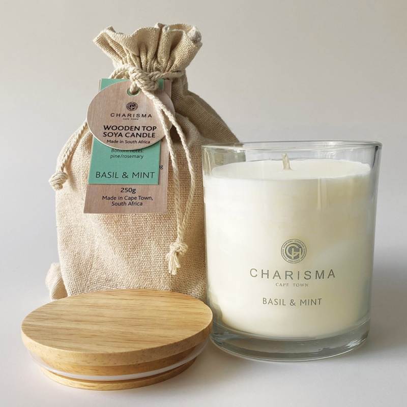 Charisma Wooden Top Soya Candle, Basil & Mint 250g - Friedman & Cohen