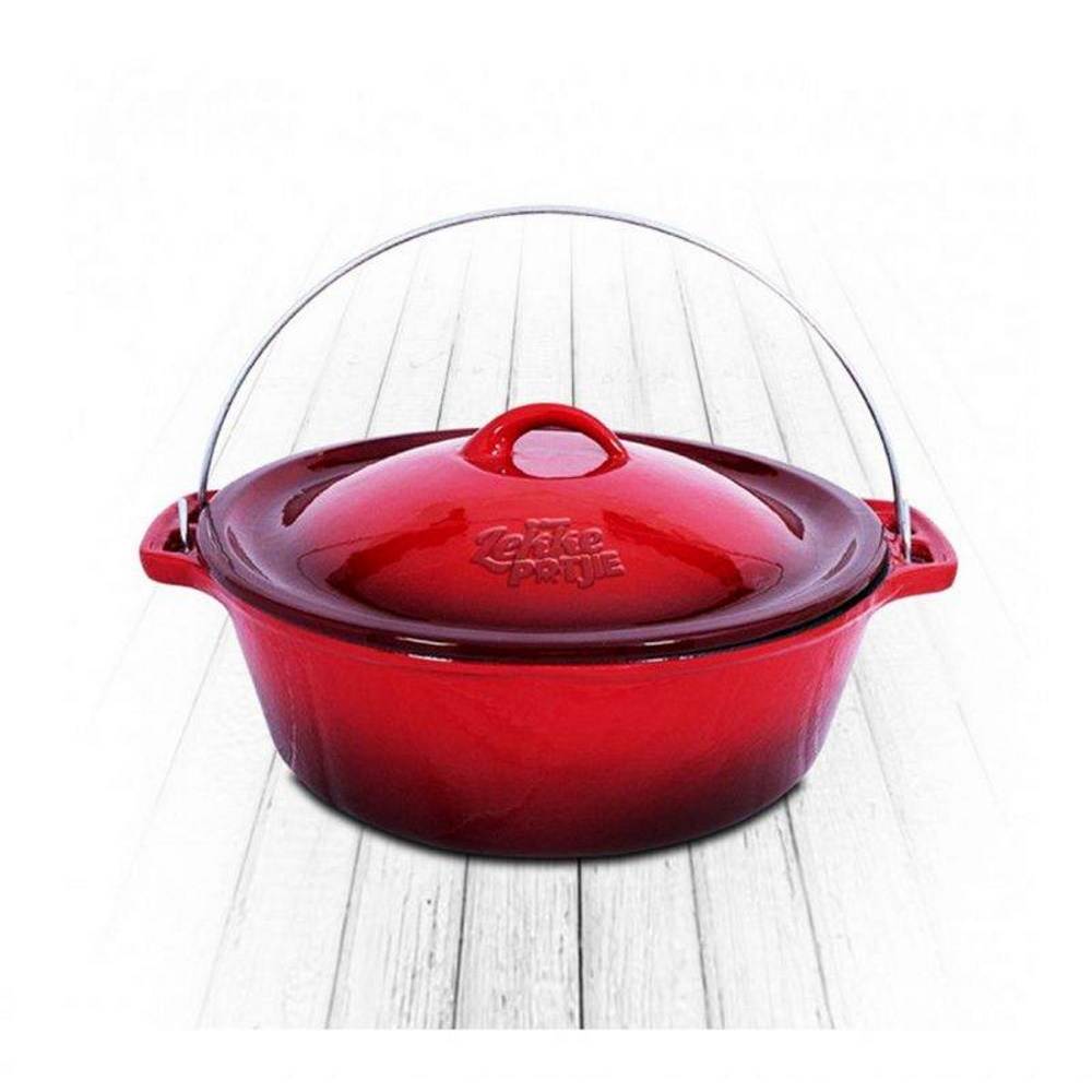 Lekke Potjie Enamel Cast Iron Flat Pot 5L - Red - Friedman & Cohen